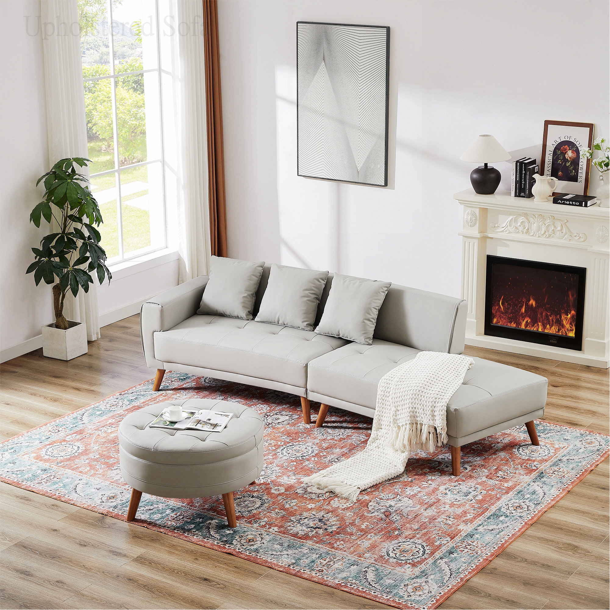 Corrigan Studio® 107" Sofa Couch with a Round Storage Ottoman and Three Removable Pillows, Sofas ...